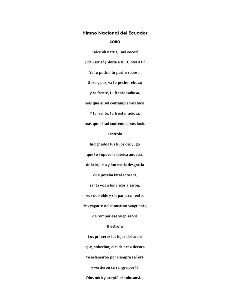 Letra Del Himno Nacional Del Ecuador 17 | PDF | Himnos | Símbolos ...