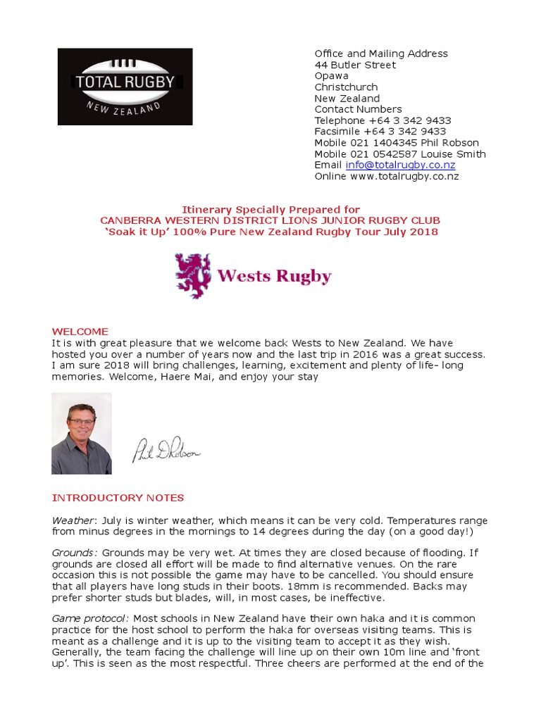 Junior Rugby Tour Itinerary | PDF | Rugby Union | Rugby Football