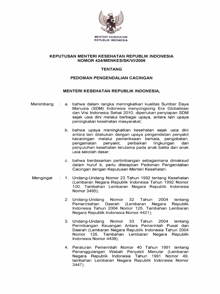 KMK No 424 TTG Pedoman Pengendalian Cacingan PDF | PDF