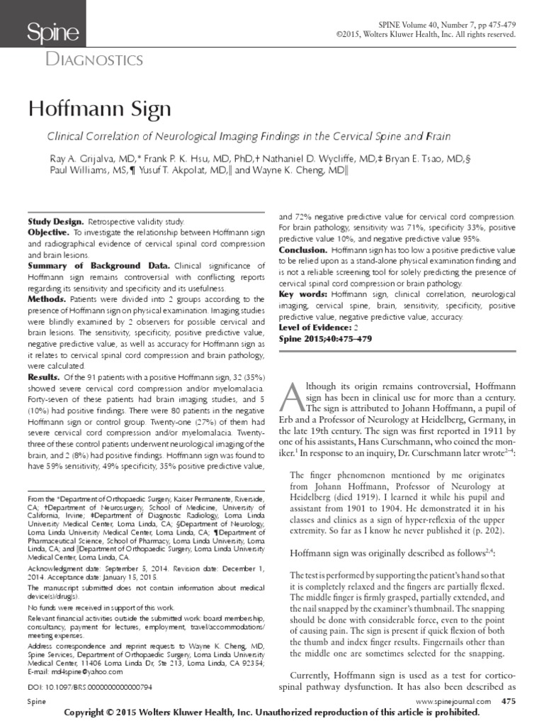Hoffmann Sign | Sensitivity And Specificity | Neurology