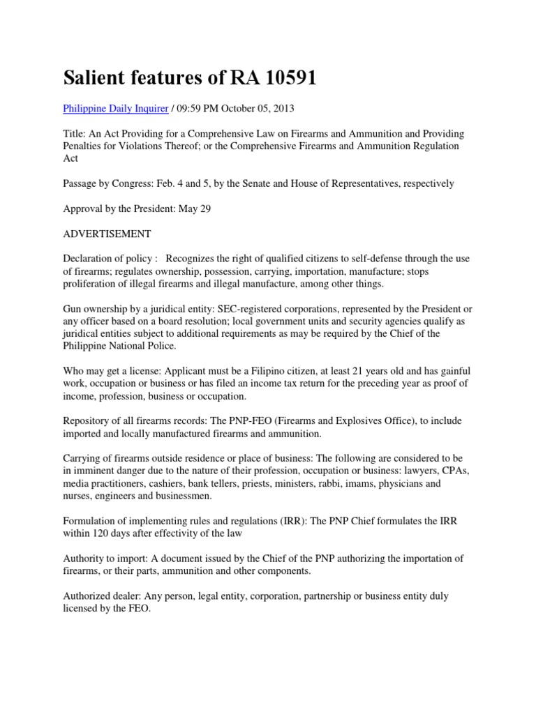 Salient Features of RA 10591 | PDF | License | Government