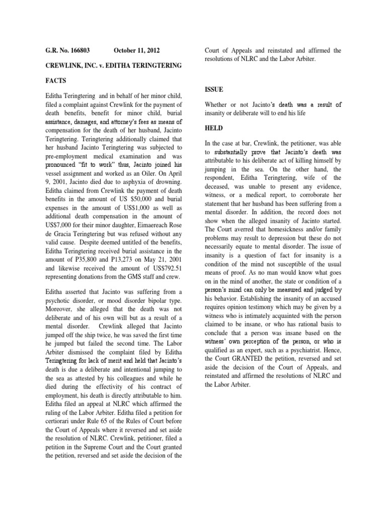 Crewlink v. Teringtering | PDF | Insanity | Certiorari