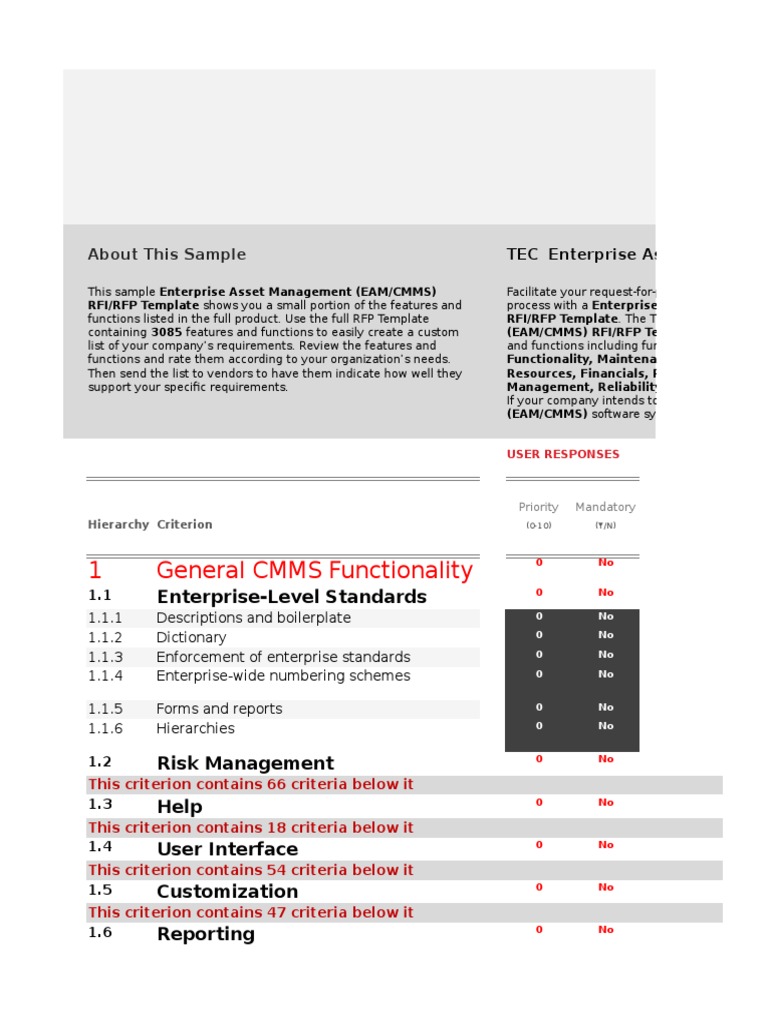 EAM/CMMS RFI/RFP Template Provides Comprehensive List of Features | PDF ...