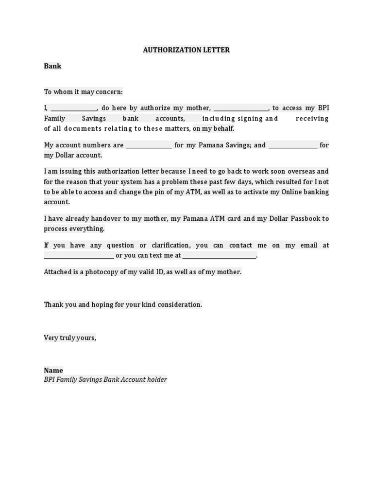Authorization Letter Bank: BPI Family Savings Bank Account Holder | PDF