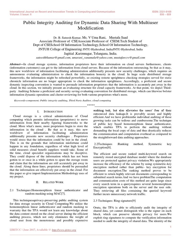 Public Integrity Auditing For Dynamic Data Sharing With Multiuser Modification | PDF | Public ...