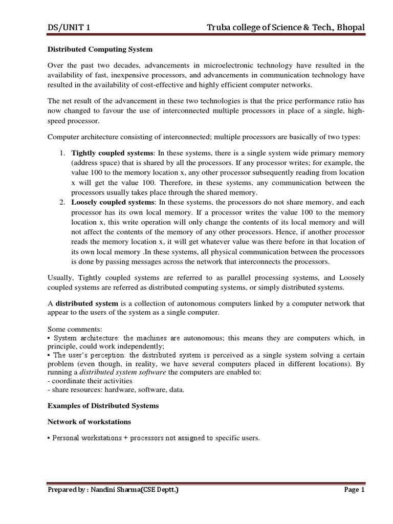 Ds/Unit 1 Truba College of Science & Tech., Bhopal | PDF | Distributed Computing | Workstation