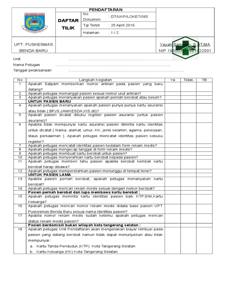 Daftar Tilik Pendaftaran Pasien Puskesmas | PDF
