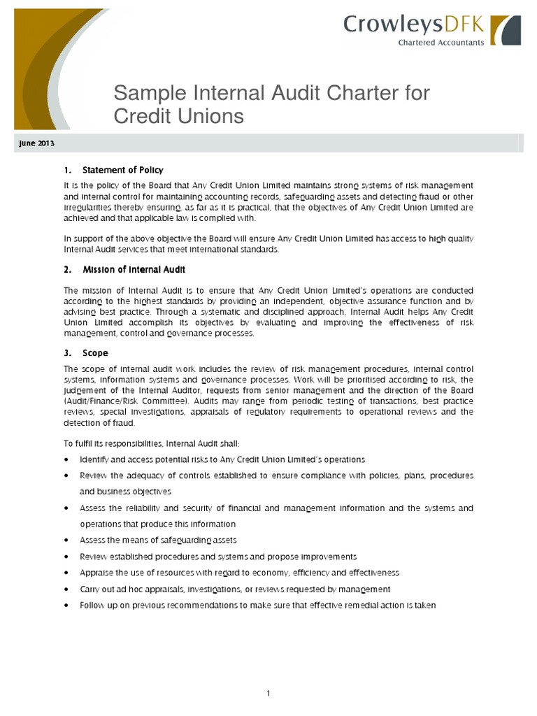 Sample Internal Audit Charter For Credit Unions | PDF | Internal Audit ...