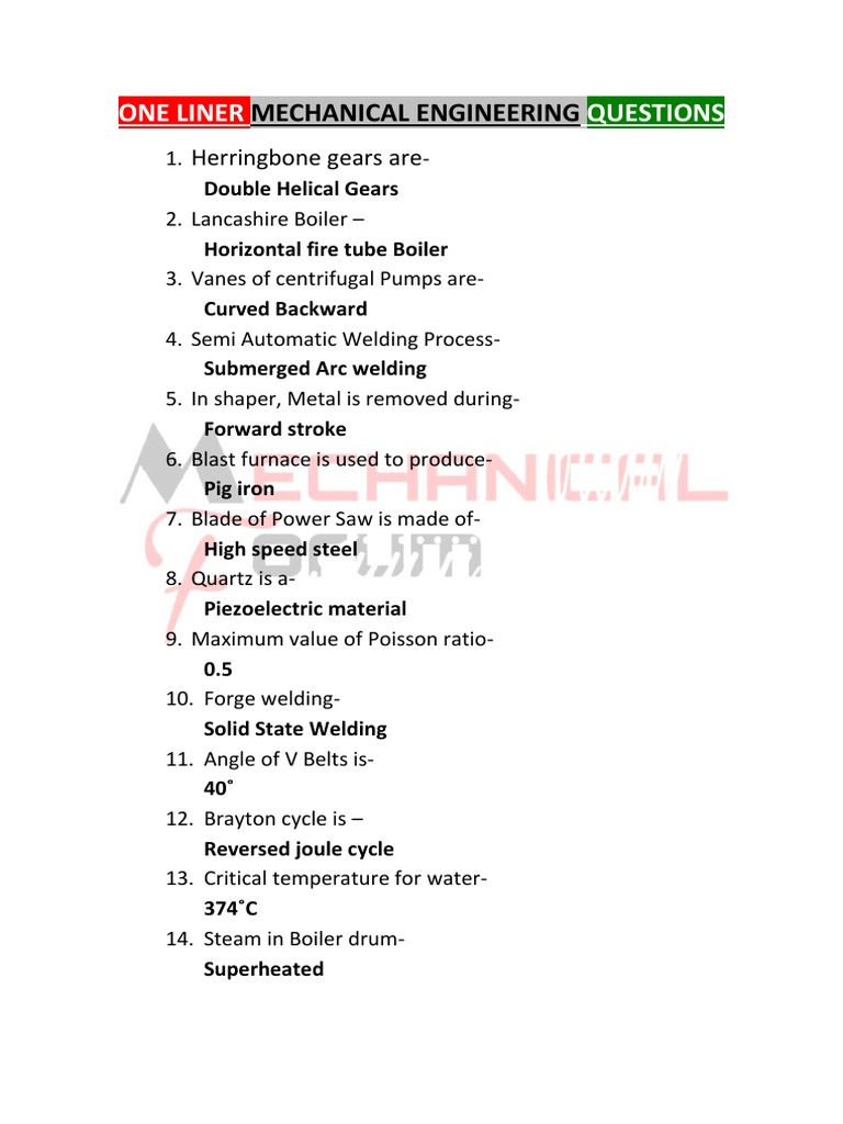 One-Liner Mechanical Questions | PDF | Fluid Dynamics | Boiler