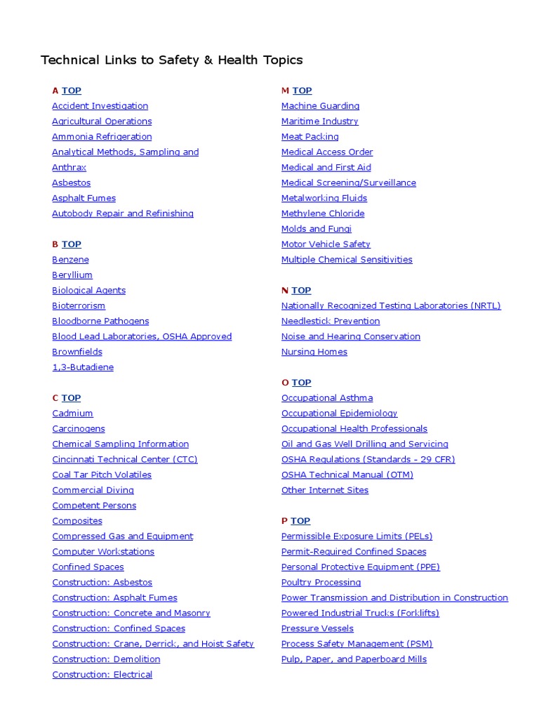 Technical Links To Safety & Health Topics | PDF | Personal Protective ...