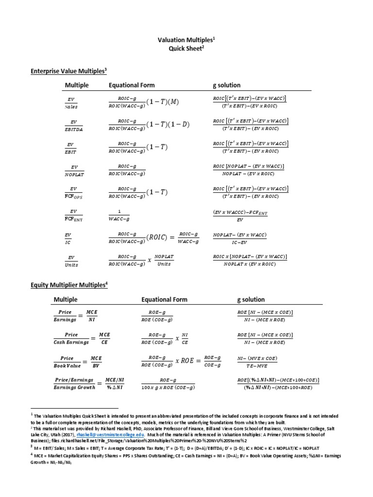Valuation Multiples Quick Sheet Rhaskell Westminstercollege Edu