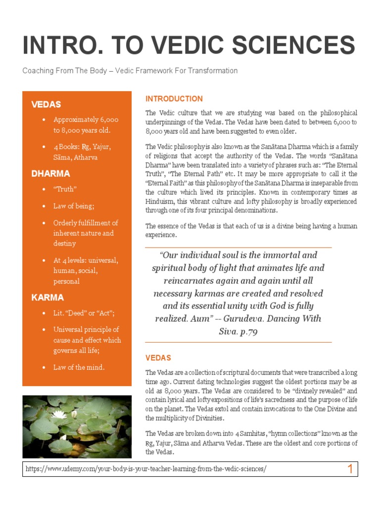 Intro To Vedic Sciences Handout | PDF | Vedas | Dharma