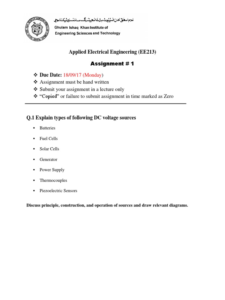 Applied Electrical Engineering (EE213) Assignment # 1 | PDF