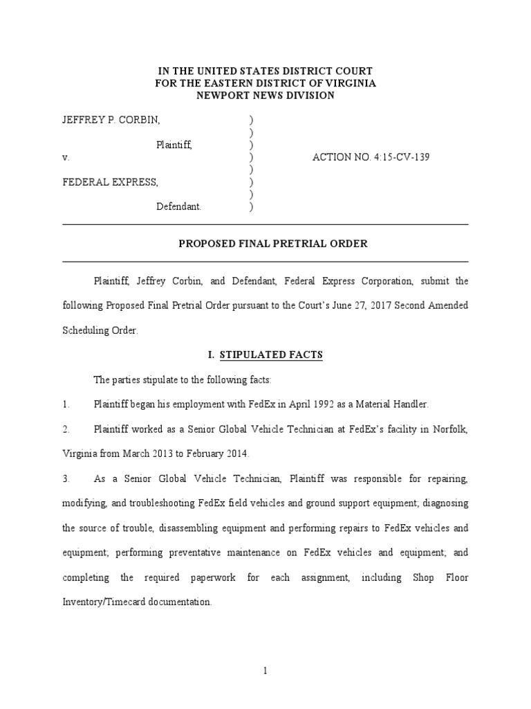 Proposed Final Pretrial Order 10-16-2017 | Fed Ex | Americans With Disabilities Act Of 1990