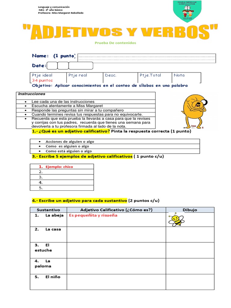 Prueba de Adjetivos y Verbos | Lingüística | Ciencia cognitiva | Prueba ...