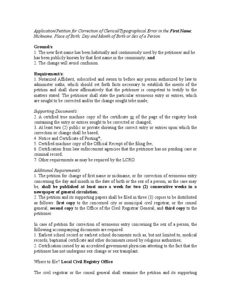 Petition For Correction of Erroneous Entry in Registry Records | PDF ...