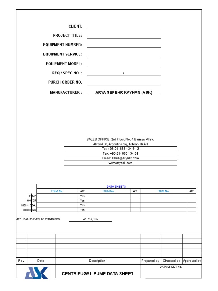Centrifugal Pump Data Sheet for Equipment Model Providing Key Technical ...