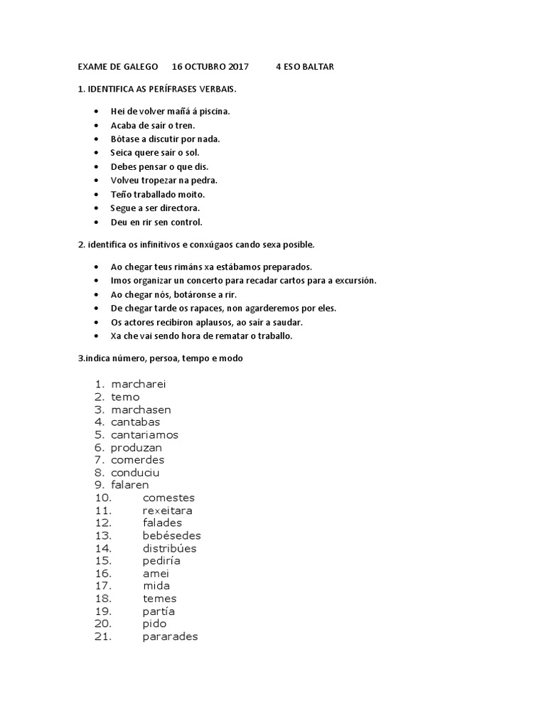 Exame de Galego Con Perífrases e Infinitivo Conxugado | PDF