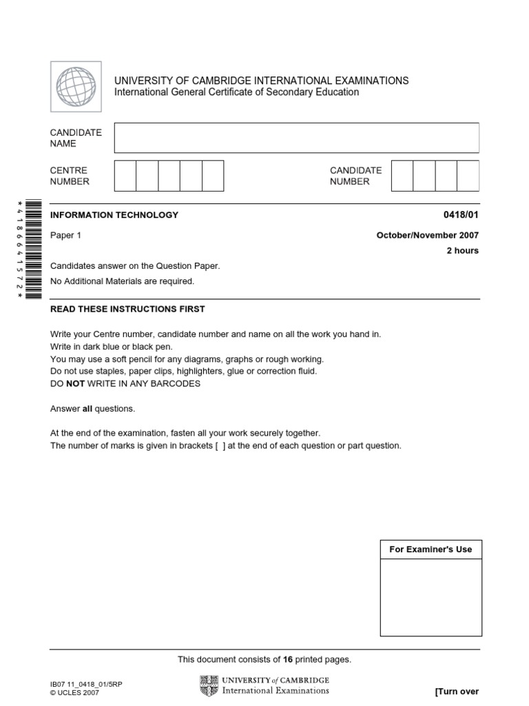 0418 w07 QP 1 | PDF | Input/Output | Computer Data Storage