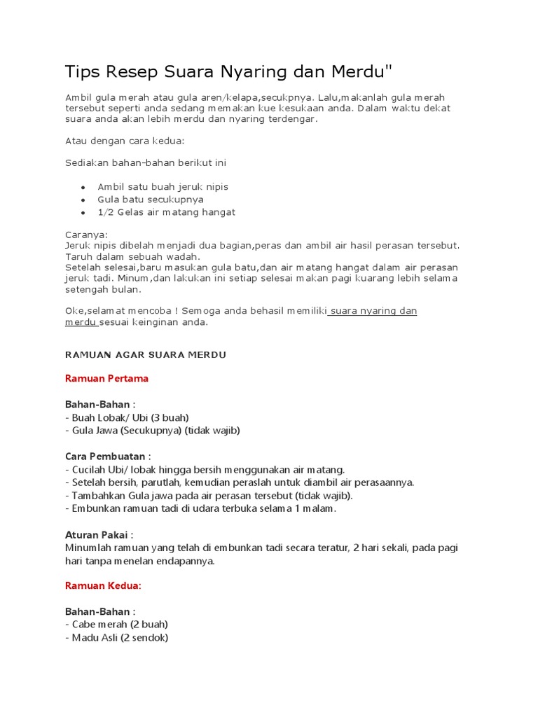 Tips Resep Suara Nyaring Dan Merdu | PDF