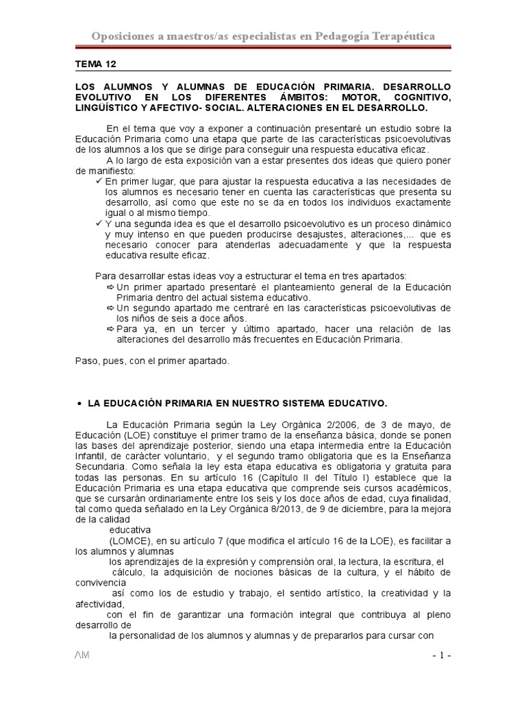 TEMA 12 PT Oposiciones Maestro | PDF | Educación primaria | Dislexia