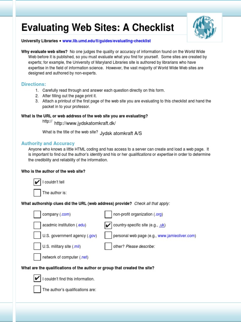 Evaluating Web Sites Checklist Form | PDF | Websites | World Wide Web