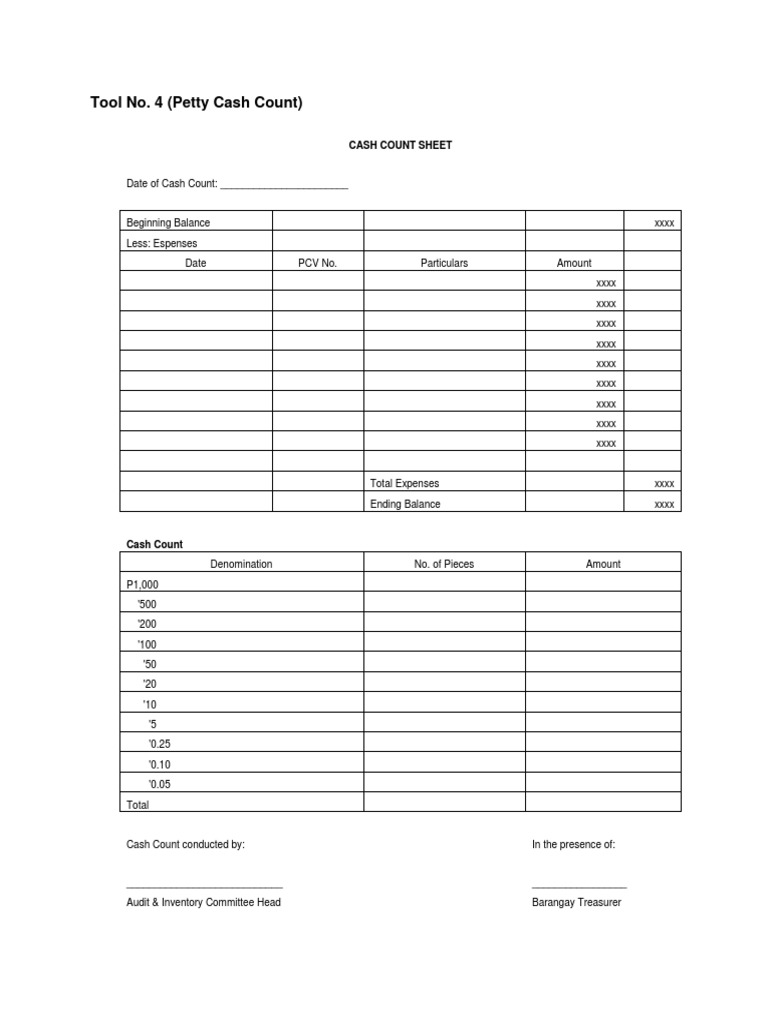 Petty Cash Tally Sheet