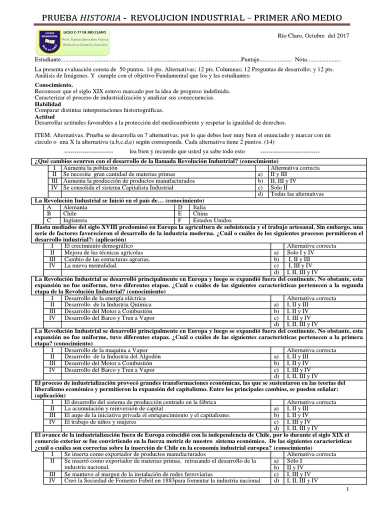 Prueba Historia: Revolución Industrial 1° Medio | PDF | Revolución ...