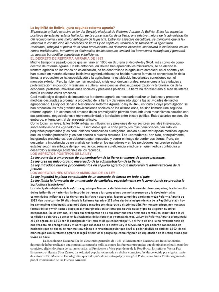 La Ley INRA de Bolivia | Reforma agraria | Agricultura