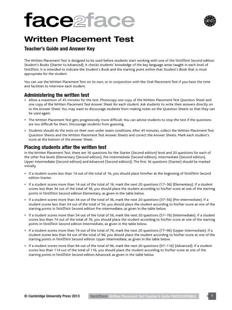 Face2face Written Placement Test Answer Key And Teacher Guide PDF 