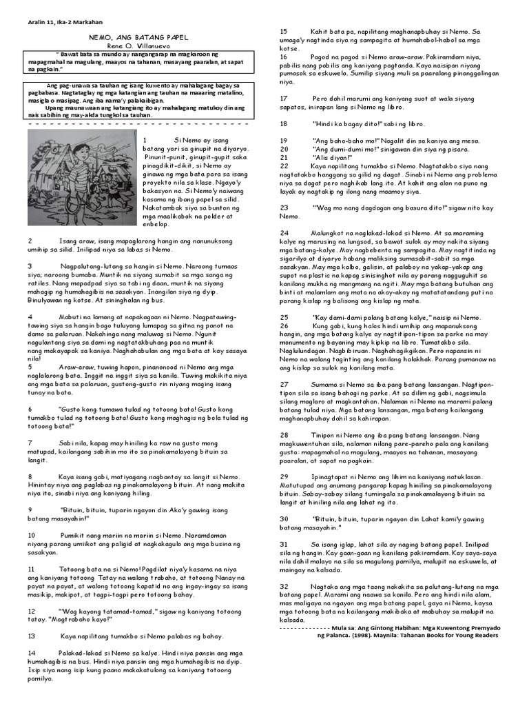 Fil. 7 Babasahin, Aralin 11 Ika-2 M, Lng. 11 (NEMO, ANG BATANG PAPEL) | PDF