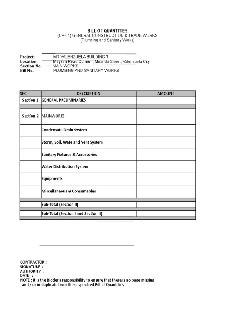 Template Plumbing Sanitary Works 1 | PDF | Plumbing | Pipe (Fluid ...