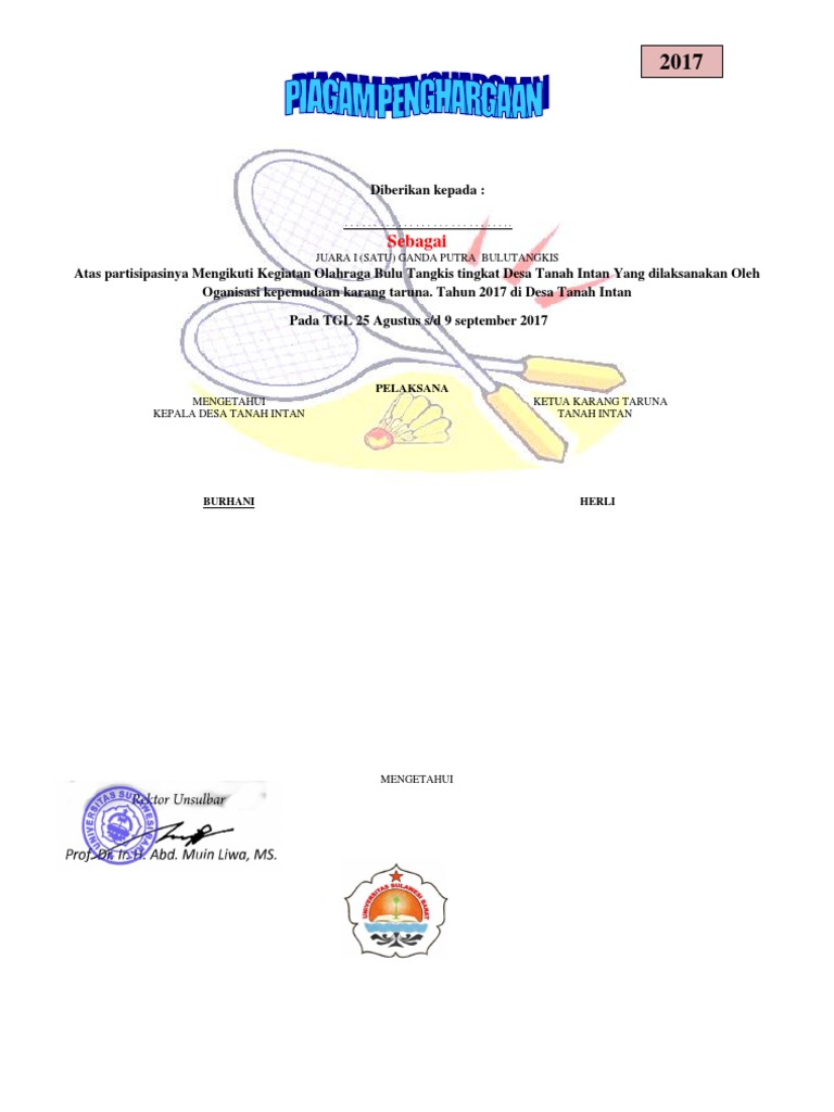 Piagam Juara Turnamen Badminton | PDF