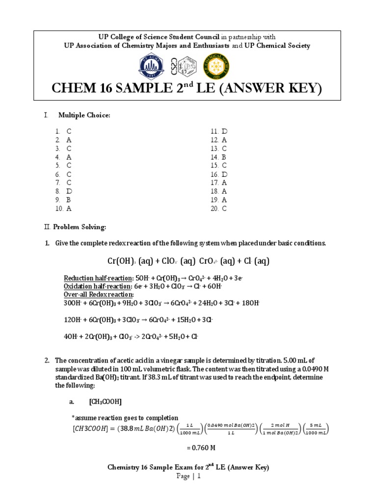 Chem 16 Sample Exam 2nd LE Answer Key | PDF | Titration | Chemistry