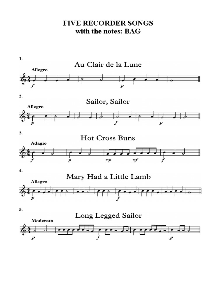 Five Recorder Songs With The Notes: BAG | PDF