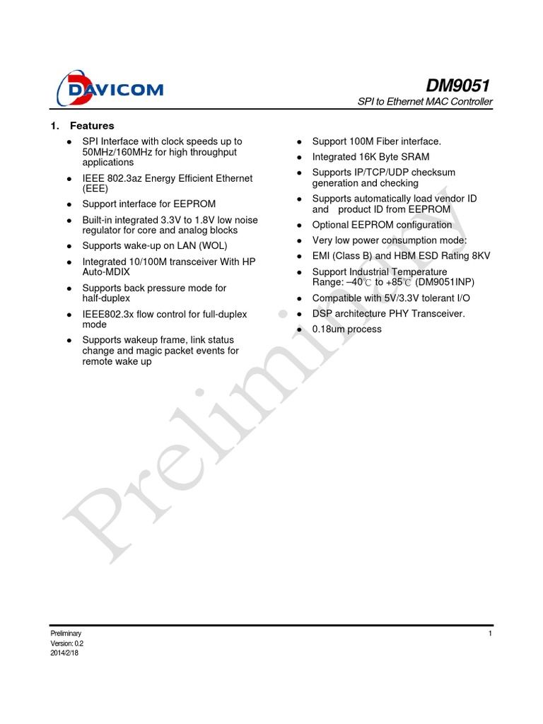 DM9051 SPI Ethernet Controller Datasheet | PDF | Communications ...