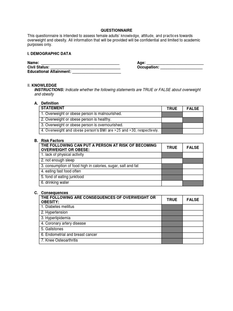 Questionnaire | PDF | Healthy Diet | Obesity