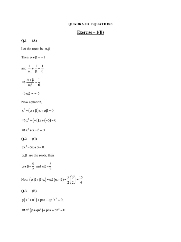Advanced Quadratic Equations Ex.1 (B) | PDF | Abstract Algebra | Algebra