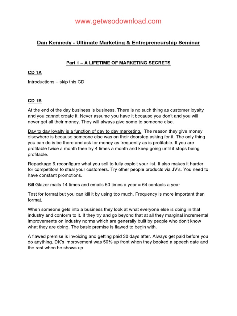 Dan Kennedy - Ultimate Marketing & Entrepreneurship NOTES | PDF ... Dan Kennedy - Ultimate Marketing & Entrepreneurship NOTES | PDF ...