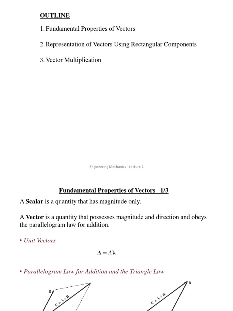 Fundamental Properties of Vectors 2. Representation of Vectors Using Rectangular Components 3 ...