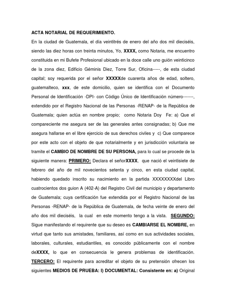 Acta Requerimiento Cambio De Nombre Instituciones Sociales Sociedad