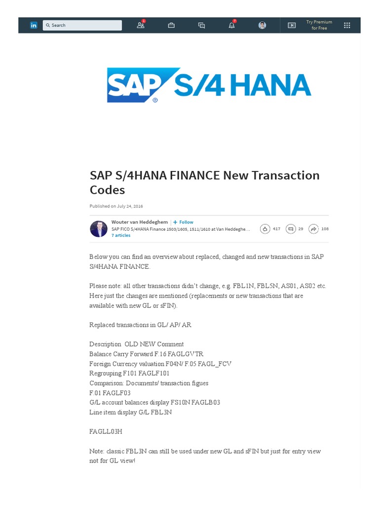 SAP S - 4HANA FINANCE New Transaction Codes - LinkedIn | PDF | Mergers ...