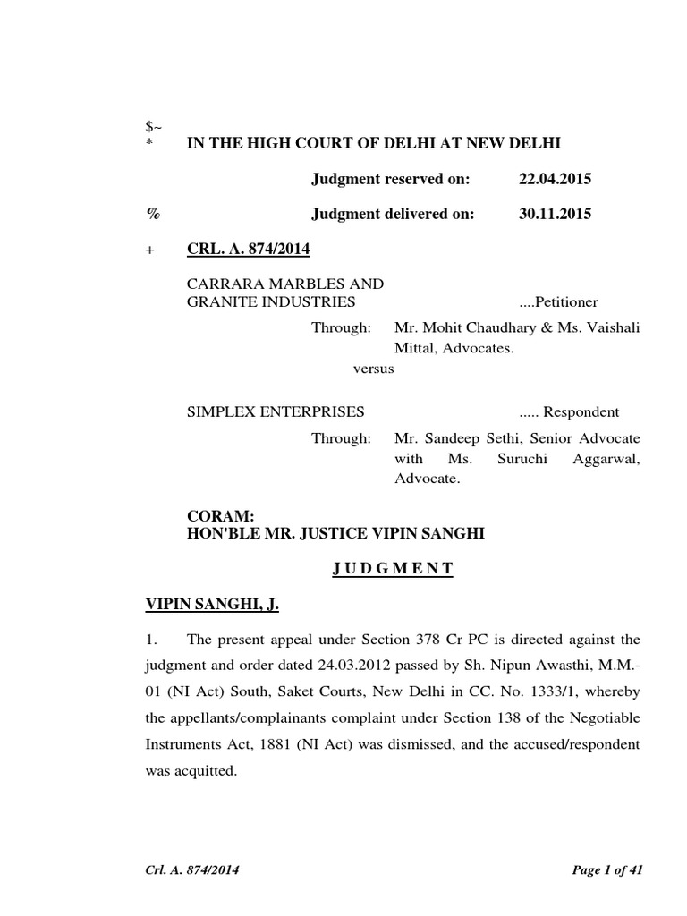 Judgement 138 NI Act DHC | PDF | Burden Of Proof (Law) | Negotiable ...