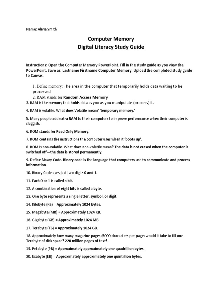 Diglit A s2 s2 A1 Computer Memory Study Guide | PDF