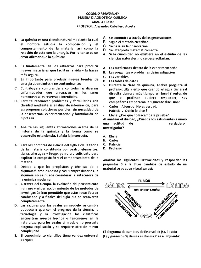Prueba Diagnóstica de Química 6to Grado | PDF | Condensación | Gases