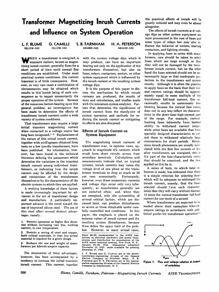 Transformer Magnetizing Inrush Currents and Influence On System ...