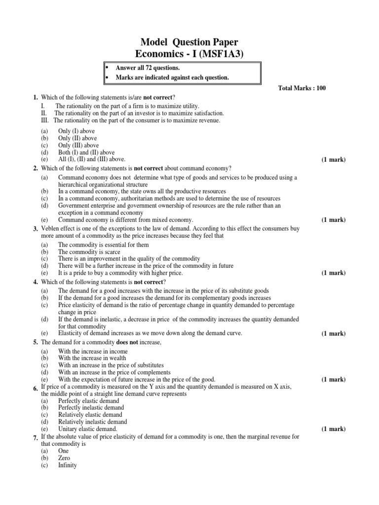 Economics Model Question Paper | PDF | Demand | Price Elasticity Of Demand