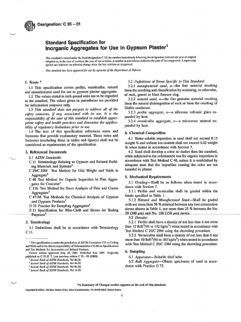 ASTM C 35-01 - Inorganic Aggregates For Use in Gypsum Plaster | PDF
