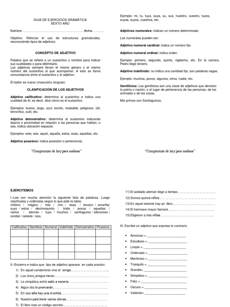 Guia Adjetivos 6° Basico | PDF | Adjetivo | Sustantivo