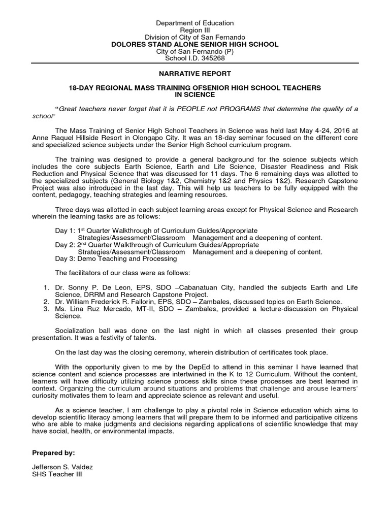 Narrative Report in 18-Days Seminar | Science Education | Curriculum